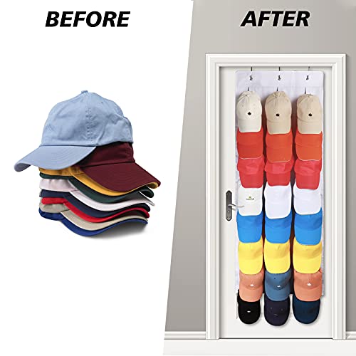 RUIFUU 24 Hat Pocket Over, With Over Door Hooks, Hat Storage for Baseball Caps,Baseball Cap Organizer, Clear Deep Pockets to Protect and Display Your Baseball Cap Collection（White）