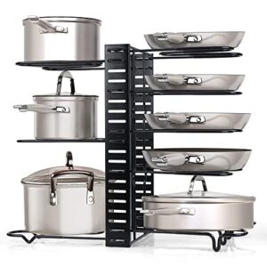 xsuper pots and pans organizer for cabinet, adjustable 8 tier pot rack organizer with 3 diy methods, kitchen pan organizer rack for under cabinet, pot lid holder for kitchen organization & storage