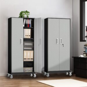 tall metal garage storage cabinet, 72" tool storage cabinet utility locker with wheels, adjustable shelves & locking doors- pantry cabinets for kitchen, bathroom, laundry room, basement organization