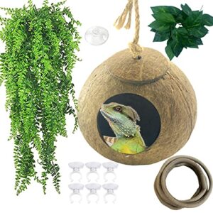 muyg crested gecko coconut hut,leopard gecko natural coco shell den reptiles habitat durable hanging cave hideouts plants climbing decoration for amphibians and small animals(4 pcs)