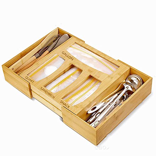 Expandable Ziplock Bag Storage Organizer for Kitchen Drawer, 1 Box 6 Slots Bamboo kitchen Ziplock Bag Organizer and Dispenser Suitable for Gallon, Quart, Sandwich & Snack Variety Size Bag, Cling Film