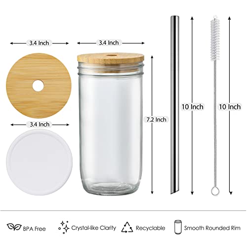 [ 6 Pack ] Glass Cups Set - 24oz Wide Mouth Mason Jar Drinking Glasses w Bamboo Lids & Straws & Airtight Lids - Cute Reusable Boba Bottle, Iced Coffee Glasses, Travel Tumbler for Bubble Tea, Juice