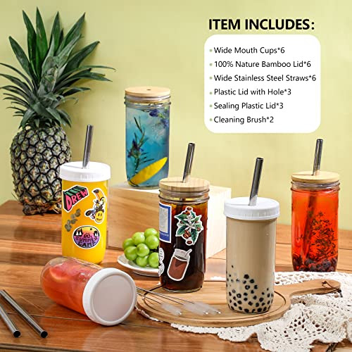 [ 6 Pack ] Glass Cups Set - 24oz Wide Mouth Mason Jar Drinking Glasses w Bamboo Lids & Straws & Airtight Lids - Cute Reusable Boba Bottle, Iced Coffee Glasses, Travel Tumbler for Bubble Tea, Juice