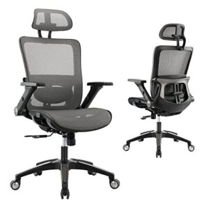 ergonomic mesh office chair, high back computer executive home desk chair with headrest and 4d flip-up armrests, adjustable tilt lock and lumbar support-grey