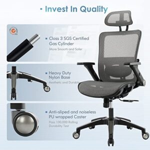 Ergonomic Mesh Office Chair, High Back Computer Executive Home Desk Chair with Headrest and 4D Flip-up Armrests, Adjustable Tilt Lock and Lumbar Support-Grey