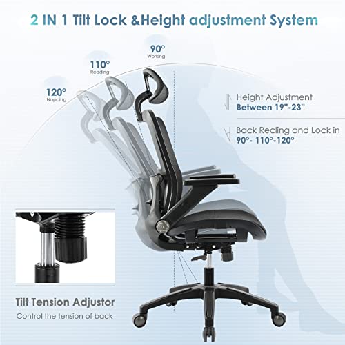 Ergonomic Mesh Office Chair, High Back Computer Executive Home Desk Chair with Headrest and 4D Flip-up Armrests, Adjustable Tilt Lock and Lumbar Support-Grey