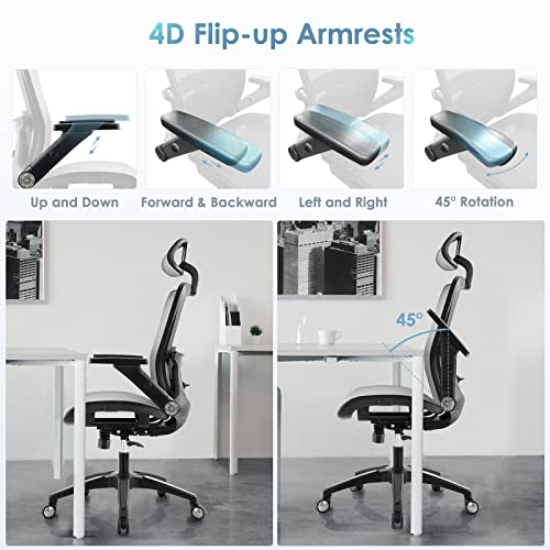 Ergonomic Mesh Office Chair, High Back Computer Executive Home Desk Chair with Headrest and 4D Flip-up Armrests, Adjustable Tilt Lock and Lumbar Support-Grey