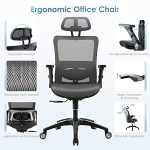 Ergonomic Mesh Office Chair, High Back Computer Executive Home Desk Chair with Headrest and 4D Flip-up Armrests, Adjustable Tilt Lock and Lumbar Support-Grey