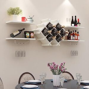 gdrasuya10 wall mounted wine racks shelves, set of 5 wine storage display rack wooden wine bottle shelf set wine glass holder wall wine rack (1 wine rack & 4 shelves) white