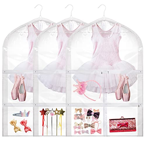 Dance Costume Garment Bag PVC Plastic Bag Holder Clear with Garment Rack Hanging Pack to Dance Bag Children Clothes Storage Costume Bags Organizer Zipper Pockets for Kid Girls, 23.6 x 35.4 In(6 Pcs)