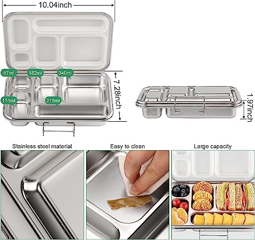 AOHEA Stainless Steel Lunch Box for Kids: Leak Proof Bento Lunch Box BPA Free 304 Stainless Steel Bento Box Stainless Bento Box with Containers for School and Office(5 Compartments)