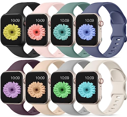 Lerobo 8 Pack Bands Compatible for Apple Watch Band 38mm 40mm 41mm 42mm 44mm 45mm 49mm Women Men,Soft Silicone Sport Strap Replacement Wristbands for Apple Watch Ultra iWatch SE Series 8 7 6 5 4 3 2 1 (Black/ Dark Cherry/ Pink Sand/ Pine Green/ Blue Gray/