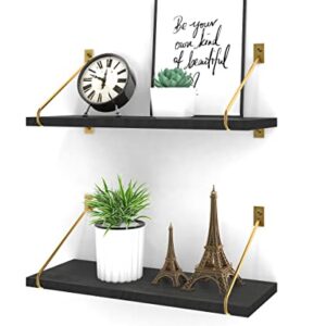 Godimerhea Black Floating Shelves for Wall, Set of 2 Wall Mounted Hanging Wood Shelf with Gold Brackets, Modern Luxury Decor Organizers Storage Shelves for Bathroom, Living Room, Bedroom