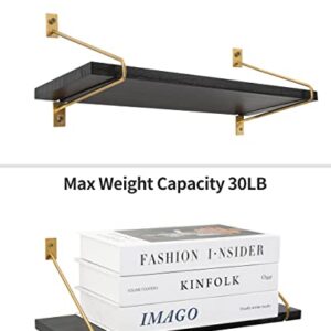 Godimerhea Black Floating Shelves for Wall, Set of 2 Wall Mounted Hanging Wood Shelf with Gold Brackets, Modern Luxury Decor Organizers Storage Shelves for Bathroom, Living Room, Bedroom