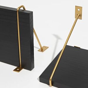 Godimerhea Black Floating Shelves for Wall, Set of 2 Wall Mounted Hanging Wood Shelf with Gold Brackets, Modern Luxury Decor Organizers Storage Shelves for Bathroom, Living Room, Bedroom