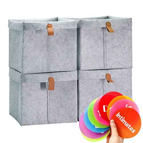 MILILOVE 4Pcs Felt Storage Basket 9x9x10 inch Cube, Fabric Cloth Storage Bin, Collapsible Organizer Basket with Handle for Cloth Toys Underwears Bedroom Playroom Office (with free decorations)