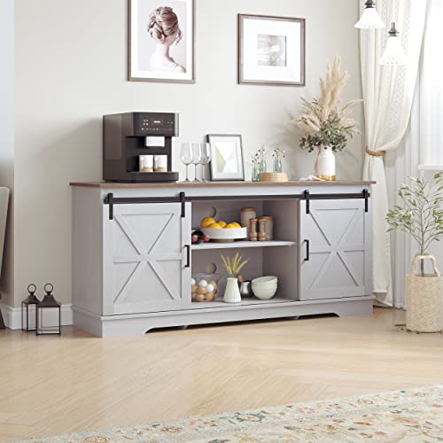 YITAHOME Kitchen Buffet Cabinet, 60“ Farmhouse Sliding Barn Door Coffee Bar Sideboard Buffet Cabinet with Capacity 300 lbs for Home Kitchen Dinning Living Room, Grey White/Grey Wash