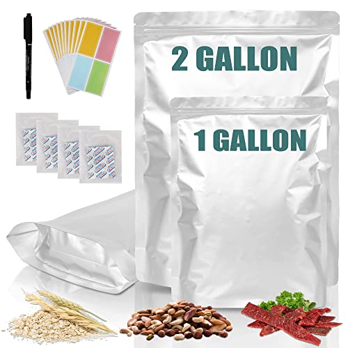 40 Pack Mylar Bags with Oxygen Absorbers 500cc(50*1 Pack) & Labels(40pcs), Mylar Bags 2 Gallon(10 pack) & 1 Gallon (30 pack) 14''x20'', 10''x14'' with thickness 4.7 Mil Each Side for Long Term Food Storage