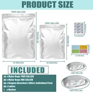 40 Pack Mylar Bags with Oxygen Absorbers 500cc(50*1 Pack) & Labels(40pcs), Mylar Bags 2 Gallon(10 pack) & 1 Gallon (30 pack) 14''x20'', 10''x14'' with thickness 4.7 Mil Each Side for Long Term Food Storage