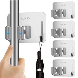 drek crek mop broom holder wall mounted heavy duty no drill, adhesive mop broom organizer, 304 stainless steel mop hanger wall mount stick on w hooks for bathroom,kitchen,closet,garage,garden, 4pcs