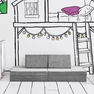 Yourigami Kids and Toddler Play Couch, Convertible Folding Sofa, Durable Foam Modular Design, Mountain Gray