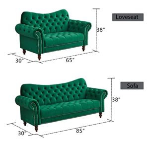 INSTORY Velvet Sofa Traditional Couch Tufted Loveseat with Wooden Legs for Living Room, Office, Bedroom - Green