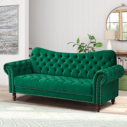 INSTORY Velvet Sofa Traditional Couch Tufted Loveseat with Wooden Legs for Living Room, Office, Bedroom - Green