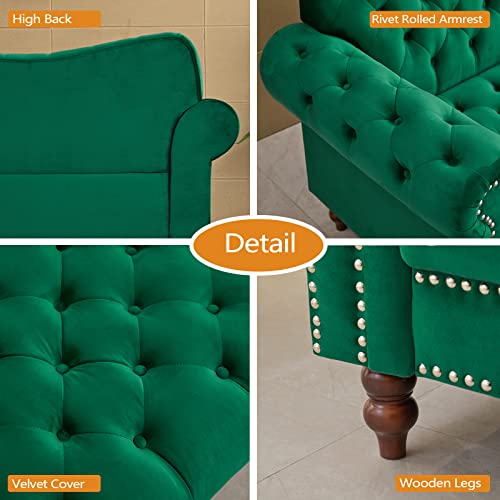 INSTORY Velvet Sofa Traditional Couch Tufted Loveseat with Wooden Legs for Living Room, Office, Bedroom - Green