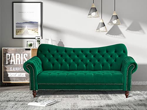 INSTORY Velvet Sofa Traditional Couch Tufted Loveseat with Wooden Legs for Living Room, Office, Bedroom - Green