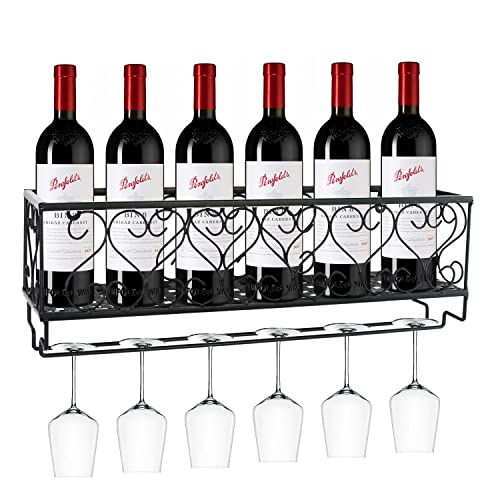 Wine Rack Wall Mounted with Wine Glass Holder - Metal Hanging Wine Rack with Wine Aerator Pourer, Wall Wine Rack for Wine Storage, Black Wine Rack for Kitchen Bar Shelves, Holds 6 Bottles & 5 Glasses