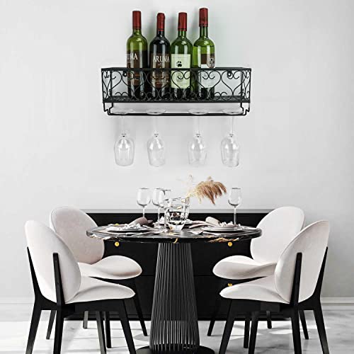 Wine Rack Wall Mounted with Wine Glass Holder - Metal Hanging Wine Rack with Wine Aerator Pourer, Wall Wine Rack for Wine Storage, Black Wine Rack for Kitchen Bar Shelves, Holds 6 Bottles & 5 Glasses