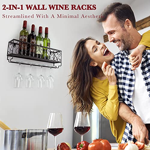 Wine Rack Wall Mounted with Wine Glass Holder - Metal Hanging Wine Rack with Wine Aerator Pourer, Wall Wine Rack for Wine Storage, Black Wine Rack for Kitchen Bar Shelves, Holds 6 Bottles & 5 Glasses