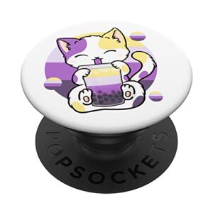 cat boba tea bubble tea anime kawaii neko non-binary kitten popsockets swappable popgrip