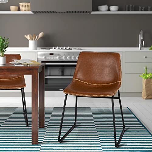 HeuGah Dining Chairs,Faux Leather Dining Chairs Set of 2,18 Inch Kitchen & Dining Room Chairs,Mid Century Modern Dining Chairs with Backrest,Metal Legs,Upholstered Seat (Brown)