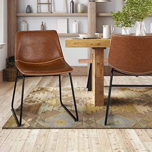 HeuGah Dining Chairs,Faux Leather Dining Chairs Set of 2,18 Inch Kitchen & Dining Room Chairs,Mid Century Modern Dining Chairs with Backrest,Metal Legs,Upholstered Seat (Brown)