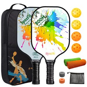 spoxfit pickleball paddles set of 2, usapa approved, lightweight pickleball rackets, fiberglass pickleball racquet with cushion comfort grip, 4 pickleballs, carry bag, grip tapes, gifts for men women