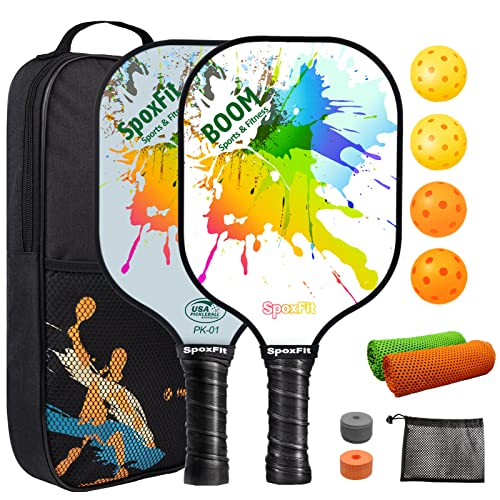 SpoxFit Pickleball Paddles Set of 2, USAPA Approved, Lightweight Pickleball Rackets, Fiberglass Pickleball Racquet with Cushion Comfort Grip, 4 Pickleballs, Carry Bag, Grip Tapes, Gifts for Men Women