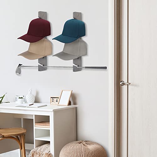 Telihel Wooden Hat Rack for Wall Baseball Cap Display Organizer (Set of 2), Modern Rustic Hat Holder Wall mounted Caps Hanger for Bedroom Entryway Laundry （gray）