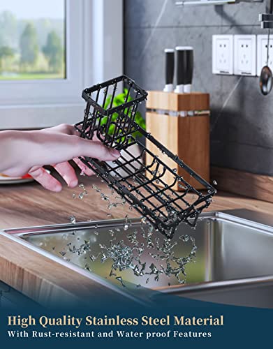 Consumest Sponge Holder for Kitchen Sink, Sink Caddy Kitchen Sink Organizer with Removable Drip Tray for Countertop Dish Soap Holder Dispenser Brush Holder, 304 Stainless Steel - Black