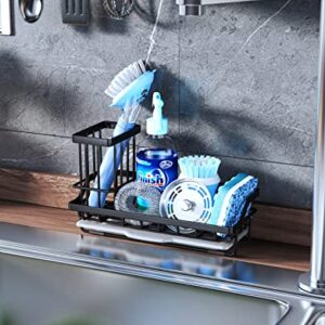 Consumest Sponge Holder for Kitchen Sink, Sink Caddy Kitchen Sink Organizer with Removable Drip Tray for Countertop Dish Soap Holder Dispenser Brush Holder, 304 Stainless Steel - Black