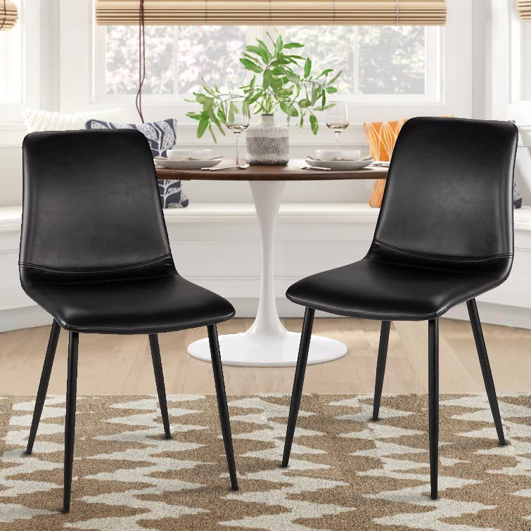 HeuGah Dining Chairs,Black Dining Chairs Set of 2,PU Leather Kitchen & Dining Room Chairs,Mid Century Modern Dining Room Chairs with Black Legs and Backrest