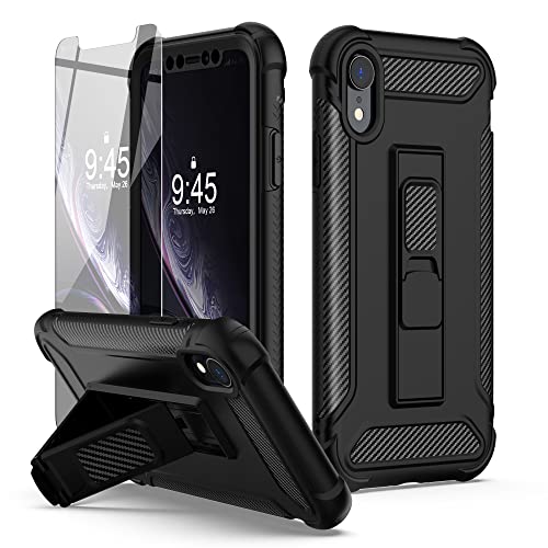 ORETECH Kickstand for iPhone XR Case, with[2 x Tempered Glass Screen Protector] 5 in 1 Military Grade Shockproof Protective Silicone TPU Bumper+Hard PC Slim Thin iPhone XR Phone Case-Black