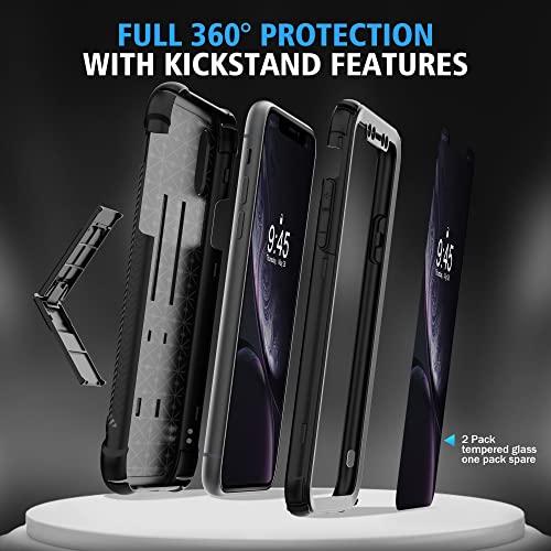 ORETECH Kickstand for iPhone XR Case, with[2 x Tempered Glass Screen Protector] 5 in 1 Military Grade Shockproof Protective Silicone TPU Bumper+Hard PC Slim Thin iPhone XR Phone Case-Black