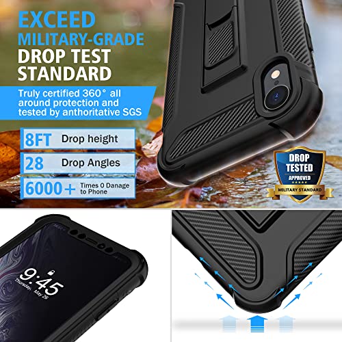 ORETECH Kickstand for iPhone XR Case, with[2 x Tempered Glass Screen Protector] 5 in 1 Military Grade Shockproof Protective Silicone TPU Bumper+Hard PC Slim Thin iPhone XR Phone Case-Black