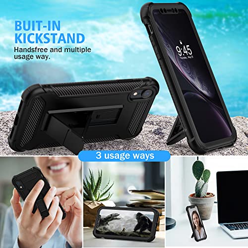 ORETECH Kickstand for iPhone XR Case, with[2 x Tempered Glass Screen Protector] 5 in 1 Military Grade Shockproof Protective Silicone TPU Bumper+Hard PC Slim Thin iPhone XR Phone Case-Black