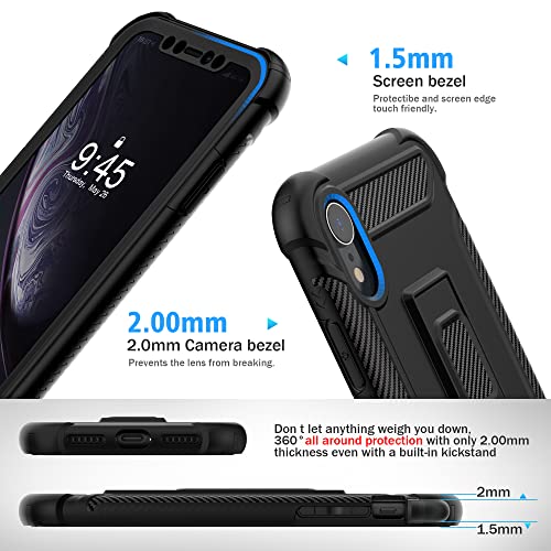 ORETECH Kickstand for iPhone XR Case, with[2 x Tempered Glass Screen Protector] 5 in 1 Military Grade Shockproof Protective Silicone TPU Bumper+Hard PC Slim Thin iPhone XR Phone Case-Black