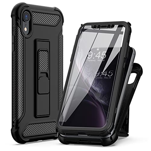 ORETECH Kickstand for iPhone XR Case, with[2 x Tempered Glass Screen Protector] 5 in 1 Military Grade Shockproof Protective Silicone TPU Bumper+Hard PC Slim Thin iPhone XR Phone Case-Black