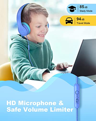 NIVAVA K15 Foldable Wired Headphones with Microphone for School Kids with Share Port 85dB/94dB Safe Volume Limit, Boys Girls for Travel Plane Tablet Kindle