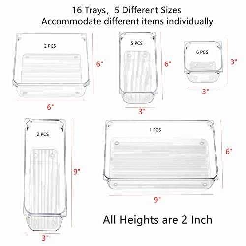 16 PCS Clear Plastic Drawer Organizers Set,5-Size Versatile Bathroom and Vanity Drawer Organizer Trays, Storage Bins for Makeup, Jewelries, Kitchen Utensils and Office