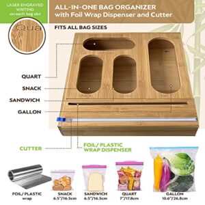 NACUARA Ziplock Bag Organizer Storage for Kitchen Organization, Bamboo Drawer, Foil and Plastic Wrap Dispenser with Cutter, Quart, Gallon, Sandwich, Snack, Compatible with Ziploc Variety Size